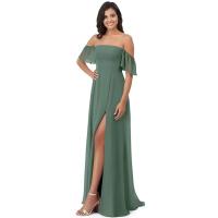 China New Arrival Factory Off-the-Shoulder Chiffon Long Bridesmaid Dress Floor-Length A-Line Front Split Slit Short Sleeves for sale