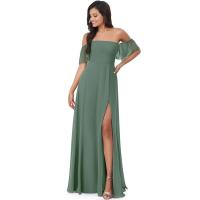 China New Arrival Factory Off-the-Shoulder Chiffon Long Bridesmaid Dress Floor-Length A-Line Front Split Slit Short Sleeves for sale
