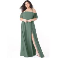 China New Arrival Factory Off-the-Shoulder Chiffon Long Bridesmaid Dress Floor-Length A-Line Front Split Slit Short Sleeves for sale