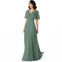 China Vintage Elegant A-Line V-Neck Pleated Chiffon Floor-Length Bridesmaid Dress V-back Short Sleeves Pleated for sale