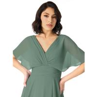China Vintage Elegant A-Line V-Neck Pleated Chiffon Floor-Length Bridesmaid Dress V-back Short Sleeves Pleated for sale