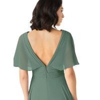 China Vintage Elegant A-Line V-Neck Pleated Chiffon Floor-Length Bridesmaid Dress V-back Short Sleeves Pleated for sale