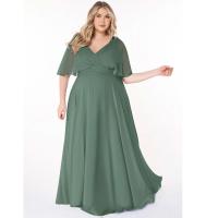 China Vintage Elegant A-Line V-Neck Pleated Chiffon Floor-Length Bridesmaid Dress V-back Short Sleeves Pleated for sale