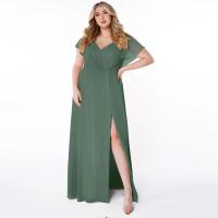 China Customized Plus Size Elegant Pleated Chiffon Long Bridesmaid Dress A-Line Short Sleeves V-Neck Keyhole Back for sale