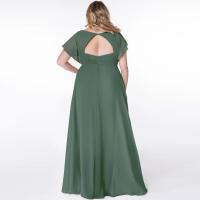 China Customized Plus Size Elegant Pleated Chiffon Long Bridesmaid Dress A-Line Short Sleeves V-Neck Keyhole Back for sale