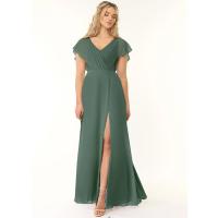 China Customized Plus Size Elegant Pleated Chiffon Long Bridesmaid Dress A-Line Short Sleeves V-Neck Keyhole Back for sale