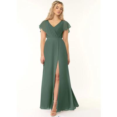 China Customized Plus Size Elegant Pleated Chiffon Long Bridesmaid Dress A-Line Short Sleeves V-Neck Keyhole Back for sale