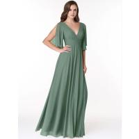 China Elegant Wholesale Ruched Chiffon Long Bridesmaid Dress Short Cap Sleeves V-Neck Ruched Front Split Slit Floor-Length for sale