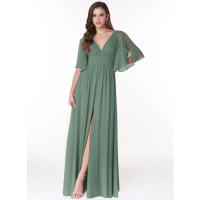 China Elegant Wholesale Ruched Chiffon Long Bridesmaid Dress Short Cap Sleeves V-Neck Ruched Front Split Slit Floor-Length for sale