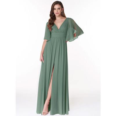 China Elegant Wholesale Ruched Chiffon Long Bridesmaid Dress Short Cap Sleeves V-Neck Ruched Front Split Slit Floor-Length for sale