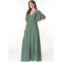 China Elegant Wholesale Ruched Chiffon Long Bridesmaid Dress Short Cap Sleeves V-Neck Ruched Front Split Slit Floor-Length for sale