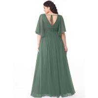 China Elegant Wholesale Ruched Chiffon Long Bridesmaid Dress Short Cap Sleeves V-Neck Ruched Front Split Slit Floor-Length for sale