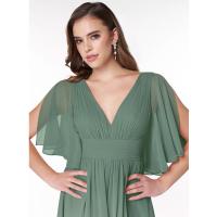 China Elegant Wholesale Ruched Chiffon Long Bridesmaid Dress Short Cap Sleeves V-Neck Ruched Front Split Slit Floor-Length for sale