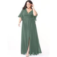 China Elegant Wholesale Ruched Chiffon Long Bridesmaid Dress Short Cap Sleeves V-Neck Ruched Front Split Slit Floor-Length for sale