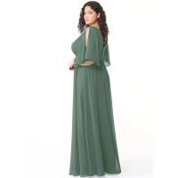 China Elegant Wholesale Ruched Chiffon Long Bridesmaid Dress Short Cap Sleeves V-Neck Ruched Front Split Slit Floor-Length for sale