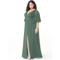 China Elegant Wholesale Ruched Chiffon Long Bridesmaid Dress Short Cap Sleeves V-Neck Ruched Front Split Slit Floor-Length for sale