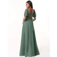 China Wholesale Keyhole Back Square Neckline Chiffon Long Bridesmaid Dress Floor-Length A-Line Short Sleeve  Front Split Slit for sale