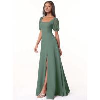 China Wholesale Keyhole Back Square Neckline Chiffon Long Bridesmaid Dress Floor-Length A-Line Short Sleeve  Front Split Slit for sale