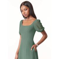 China Wholesale Keyhole Back Square Neckline Chiffon Long Bridesmaid Dress Floor-Length A-Line Short Sleeve  Front Split Slit for sale