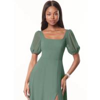China Wholesale Keyhole Back Square Neckline Chiffon Long Bridesmaid Dress Floor-Length A-Line Short Sleeve  Front Split Slit for sale