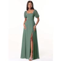 China Wholesale Keyhole Back Square Neckline Chiffon Long Bridesmaid Dress Floor-Length A-Line Short Sleeve  Front Split Slit for sale
