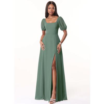 China Wholesale Keyhole Back Square Neckline Chiffon Long Bridesmaid Dress Floor-Length A-Line Short Sleeve  Front Split Slit for sale