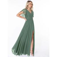 China Luxury Lovely Short Sleeve V-neck A-Line Chiffon Bridesmaid Dresses Front Split Slit Plus Size for Wedding for sale