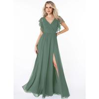 China Luxury Lovely Short Sleeve V-neck A-Line Chiffon Bridesmaid Dresses Front Split Slit Plus Size for Wedding for sale
