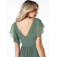 China Luxury Lovely Short Sleeve V-neck A-Line Chiffon Bridesmaid Dresses Front Split Slit Plus Size for Wedding for sale
