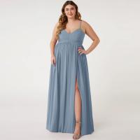 China Sexy Pleated Chiffon Long Bridesmaid Dress Dusty Blue Spaghetti Straps Front Split Slit A-Line V-Neck Floor-Length for sale