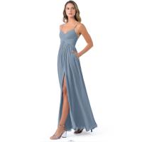 China Sexy Pleated Chiffon Long Bridesmaid Dress Dusty Blue Spaghetti Straps Front Split Slit A-Line V-Neck Floor-Length for sale