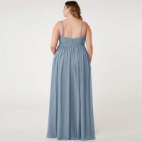 China Sexy Pleated Chiffon Long Bridesmaid Dress Dusty Blue Spaghetti Straps Front Split Slit A-Line V-Neck Floor-Length for sale