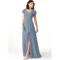 China Beautiful Pleated Chiffon Dusty Blue Floor-Length Junior Bridesmaid Dress Cap Sleeve Princess Ruffle for sale
