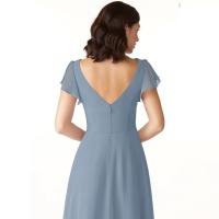 China Beautiful Pleated Chiffon Dusty Blue Floor-Length Junior Bridesmaid Dress Cap Sleeve Princess Ruffle for sale