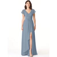 China Beautiful Pleated Chiffon Dusty Blue Floor-Length Junior Bridesmaid Dress Cap Sleeve Princess Ruffle for sale