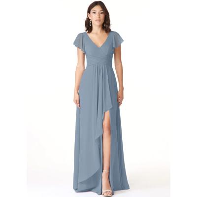 China Beautiful Pleated Chiffon Dusty Blue Floor-Length Junior Bridesmaid Dress Cap Sleeve Princess Ruffle for sale