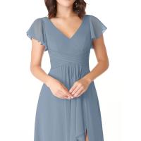 China Beautiful Pleated Chiffon Dusty Blue Floor-Length Junior Bridesmaid Dress Cap Sleeve Princess Ruffle for sale