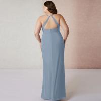 China Factory Customized Chiffon Dusty Blue Floor-Length Bridesmaid Dress V-Neck Spaghetti Straps Sheath Front Split Slit for sale