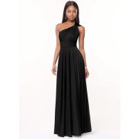China Sexy Plus Size A-Line One-Shoulder Chiffon Floor-Length Bridesmaid Dress Black Sleeveless Back Zipper Pleated for sale