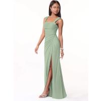 China Customized Factory Fitted Ruched Long Bridesmaid Dress Dusty Sage Chiffon Floor-Length Sheath Sleeveless Keyhole for sale