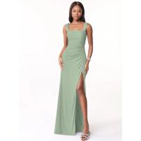 China Customized Factory Fitted Ruched Long Bridesmaid Dress Dusty Sage Chiffon Floor-Length Sheath Sleeveless Keyhole for sale