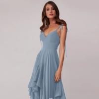 China New Style V-neck Dusty Blue Chiffon Tiered A-line Bridesmaid Dress Zipper Ruffles Floor-Length Spaghetti Straps for sale