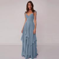 China New Style V-neck Dusty Blue Chiffon Tiered A-line Bridesmaid Dress Zipper Ruffles Floor-Length Spaghetti Straps for sale