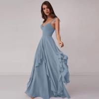 China New Style V-neck Dusty Blue Chiffon Tiered A-line Bridesmaid Dress Zipper Ruffles Floor-Length Spaghetti Straps for sale