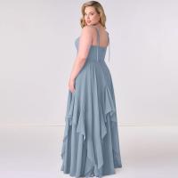 China New Style V-neck Dusty Blue Chiffon Tiered A-line Bridesmaid Dress Zipper Ruffles Floor-Length Spaghetti Straps for sale