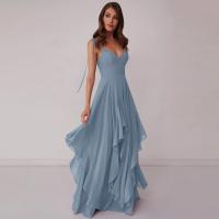 China New Style V-neck Dusty Blue Chiffon Tiered A-line Bridesmaid Dress Zipper Ruffles Floor-Length Spaghetti Straps for sale