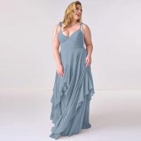 China New Style V-neck Dusty Blue Chiffon Tiered A-line Bridesmaid Dress Zipper Ruffles Floor-Length Spaghetti Straps for sale