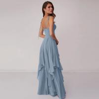 China New Style V-neck Dusty Blue Chiffon Tiered A-line Bridesmaid Dress Zipper Ruffles Floor-Length Spaghetti Straps for sale