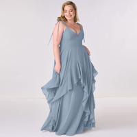 China New Style V-neck Dusty Blue Chiffon Tiered A-line Bridesmaid Dress Zipper Ruffles Floor-Length Spaghetti Straps for sale