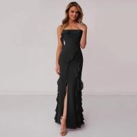China Excellent Plus Size Black Chiffon Bridesmaid Dress Sheath Spaghetti Straps Ruffles Backless Straight Front Split Slit for sale